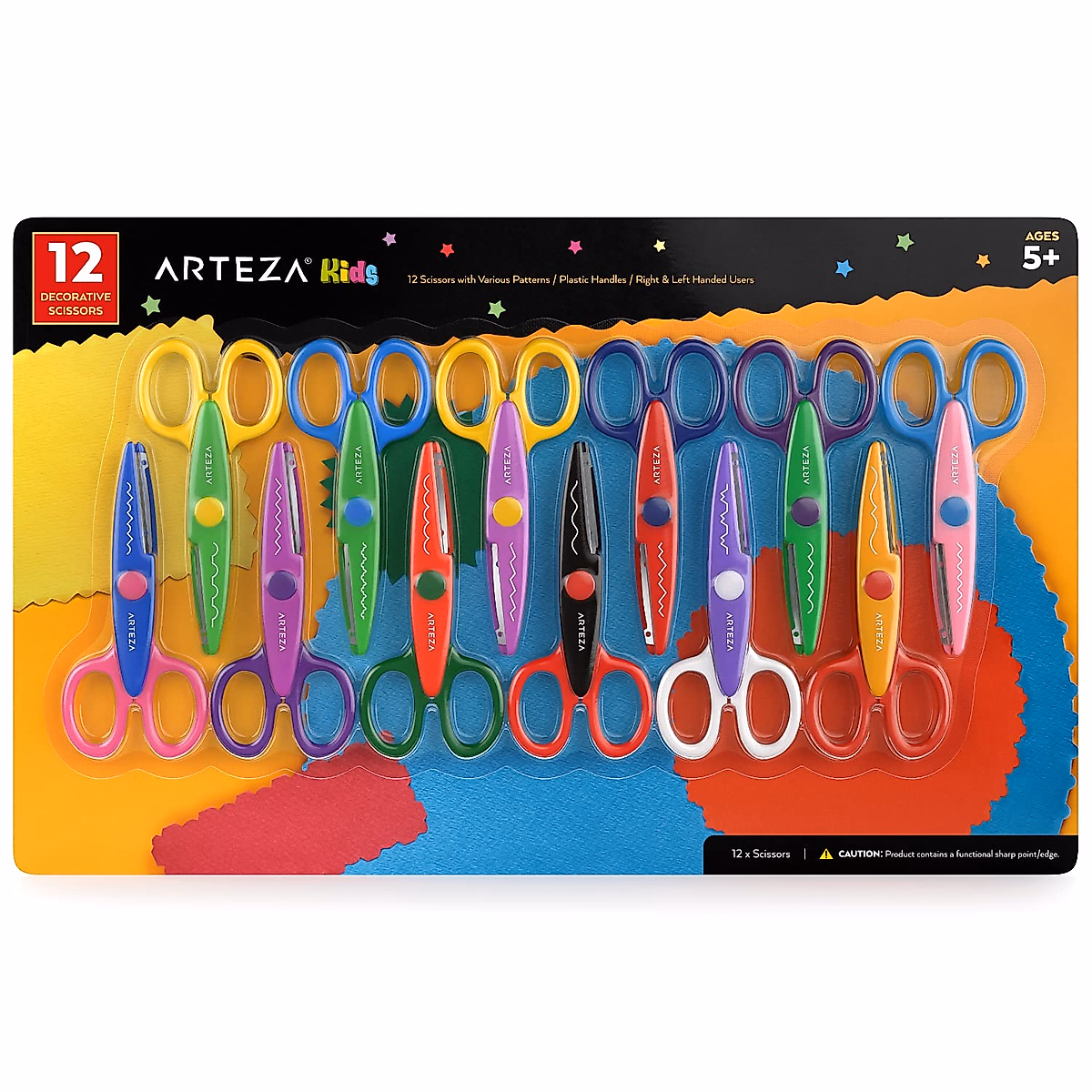 Arteza Kids Decorative Scissors, Set of 12, 5.5 Inches, Craft Scissors with Different Patterns, School Supplies for Teachers and Students