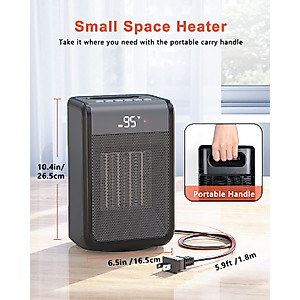 TriPole Space Heater Portable Electric Heater with Thermostat, 80° Oscillating Small Space Heaters for Indoor Use, 1500W Fast Heating PTC Ceramic Heater for Bedroom Office Desk, 1-12H Timer, ECO Mode