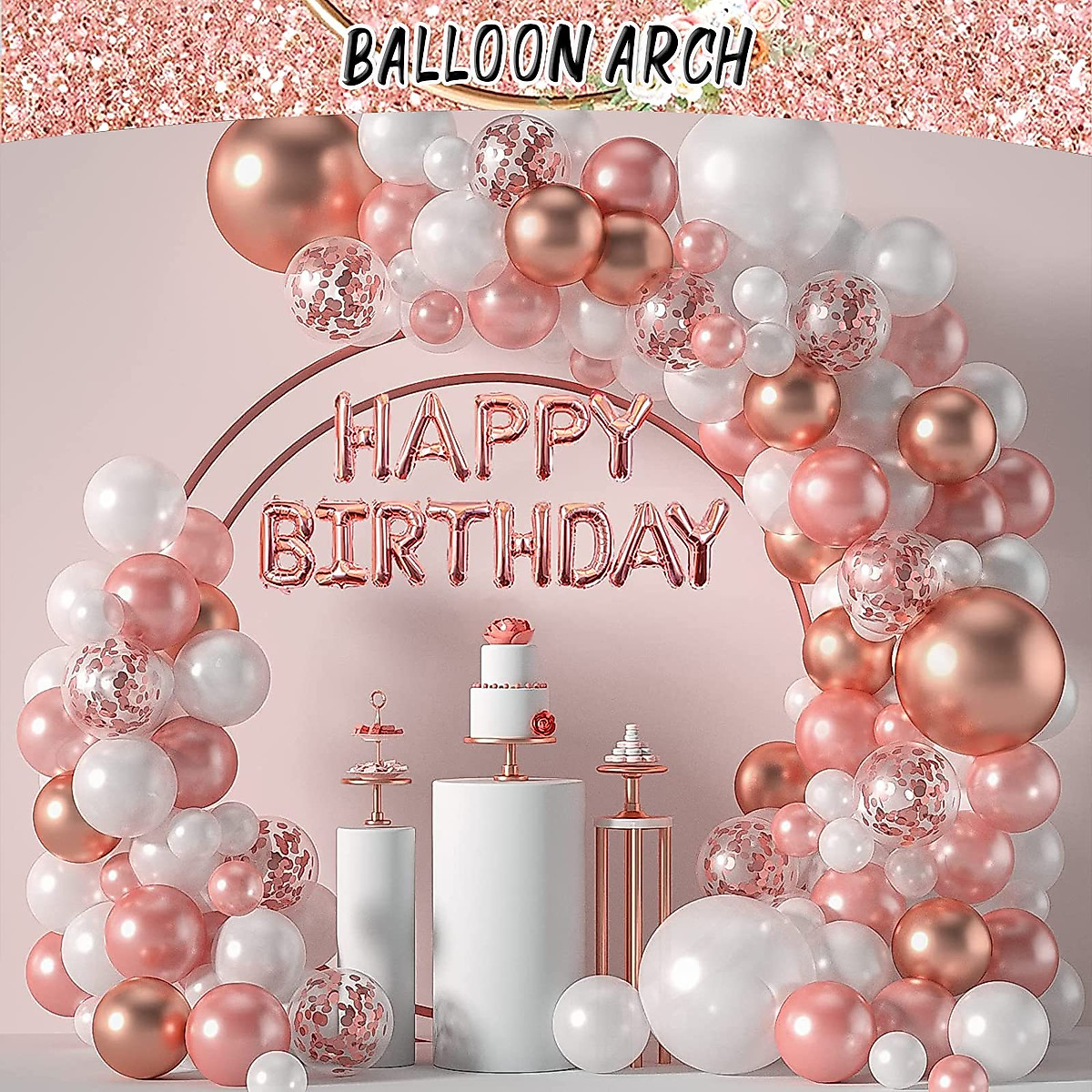 Floral Happy Birthday Decorations Women, 125PCS Rose Gold Flower Birthday Party Supplies Including Happy Birthday Backdrop, Balloon Arch/Garland Kit, Birthday Tabblecloth for Girls