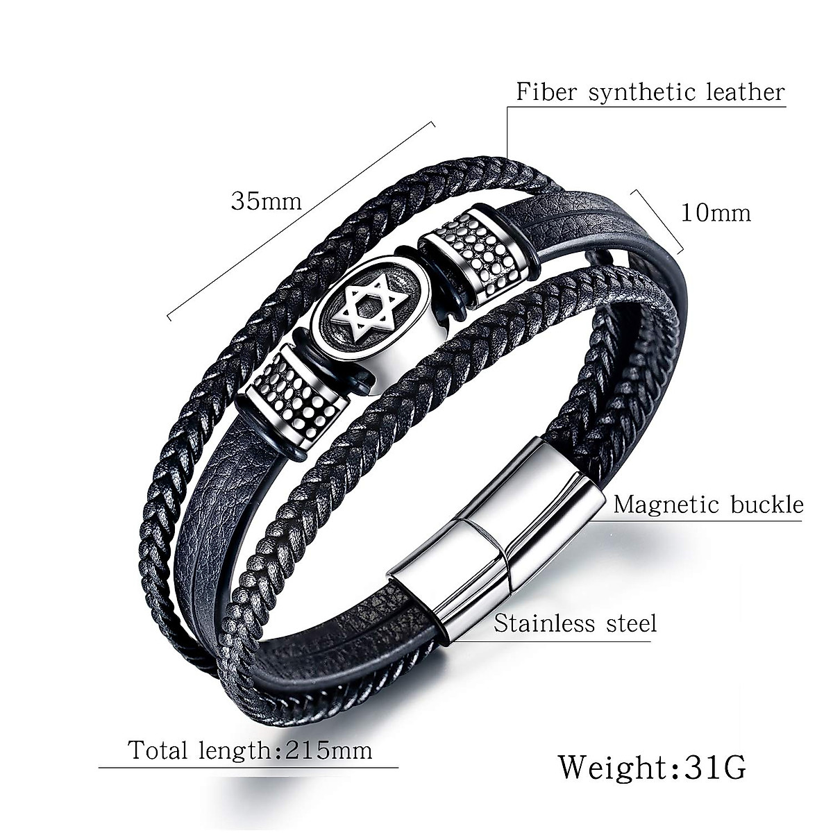 TEMICO Mens Black Leather Cuff Bracelet Multi-Layer Braided Leather Magen Star of David Bracelet Jewish Jewelry