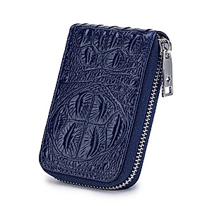 Wallets Genuine Leather For Womens Mens Crocodile Skin Embossed Coin Purse Mini Card Case Holder Zipper Pockets (Navy Blue,One Size)