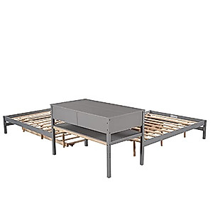 MOEO L-Shaped Full Size Platform Bed with Trundle and Drawers Linked w/ Built-in Desk for Kids, Bedroom, Teens, Adults, No Box Spring Needed, 3 Wood Bedframe in 1, Gray