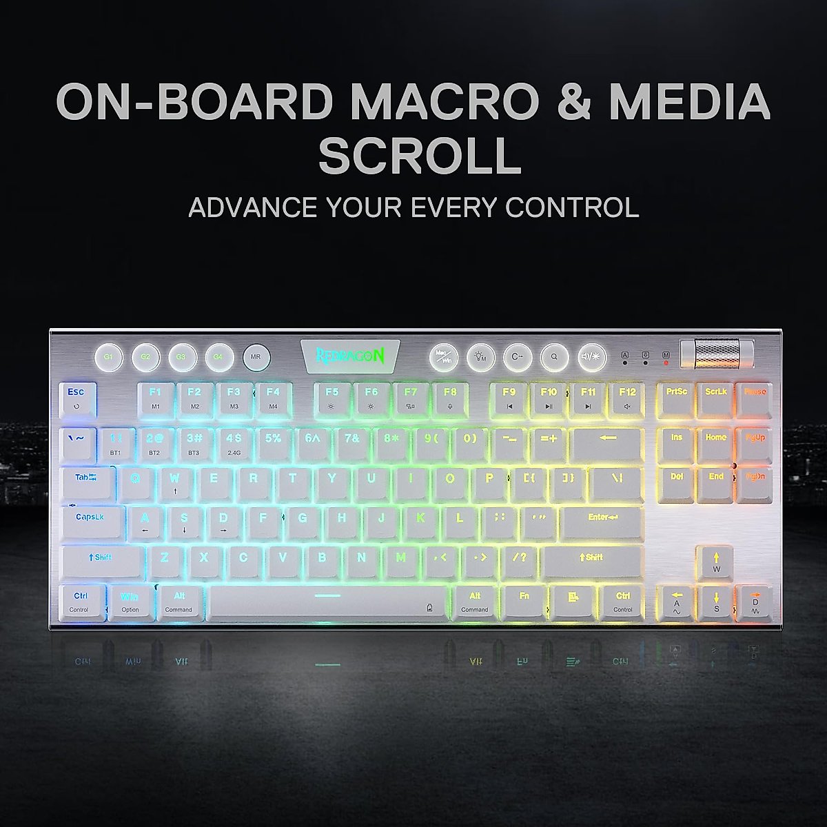 Redragon K621 Horus TKL Wireless RGB Mechanical Keyboard, 5.0 BT/2.4 Ghz/Wired Three Modes 80% Ultra-Thin Low Profile BT Keyboard w/Dedicated Media Control & Tactile Brown Switches, White
