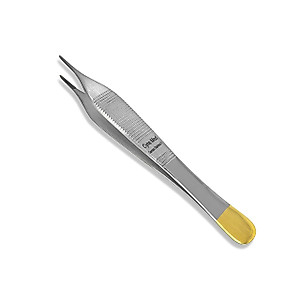 Cynamed T/C Adson Plastic Surgery Forceps 4.75" Straight Fine Point with Tungsten Carbide Inserts Surgical Veterinary Instruments with Gold Handle (Serrated Tips, Adson Dressing Forceps, TC)