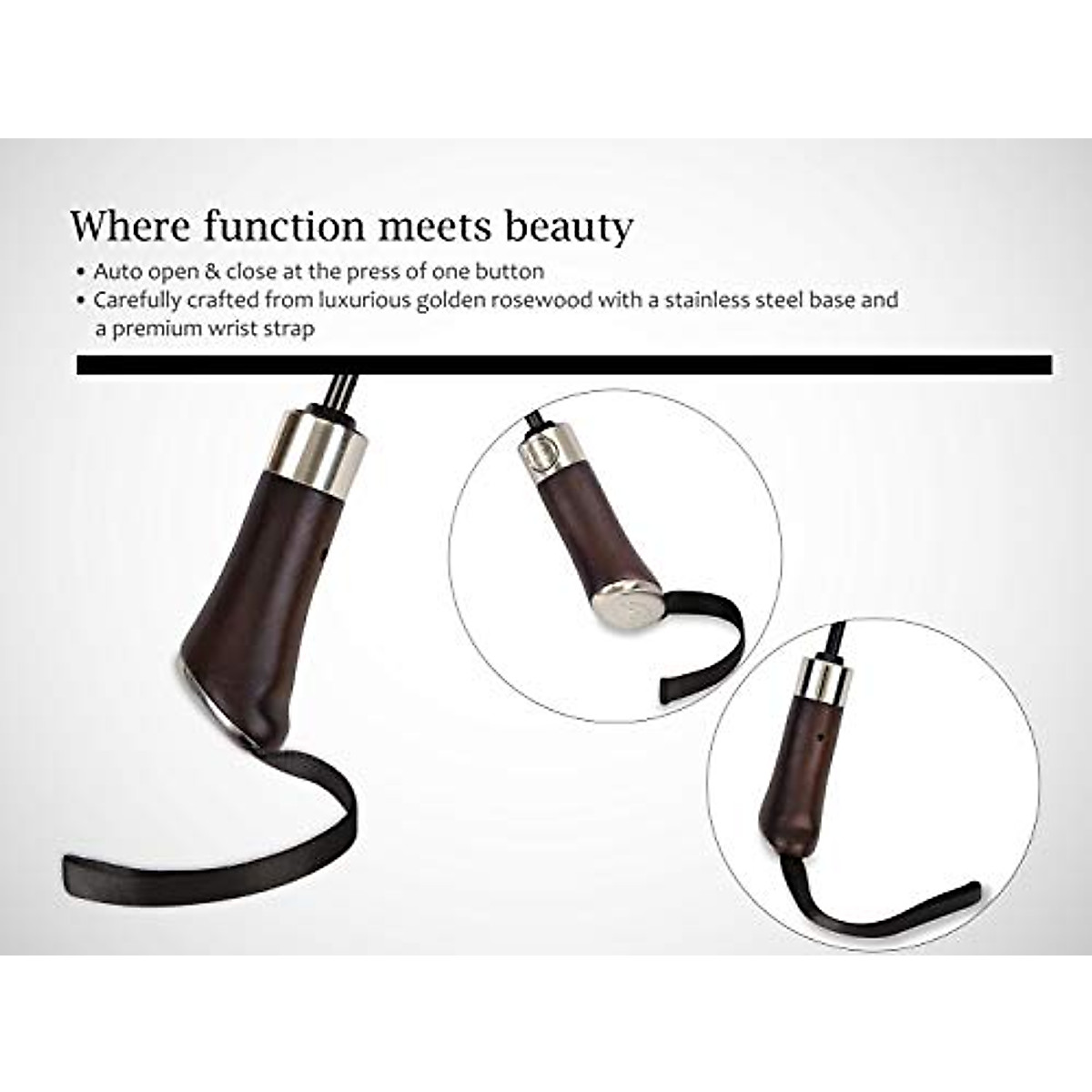 Balios (Designed in UK) Travel Umbrella Luxurious Golden Rosewood Handle Auto Open & Close Windproof Frame Single Canopy Automatic Folding Umbrella Men's & Ladies (Dark Navy)