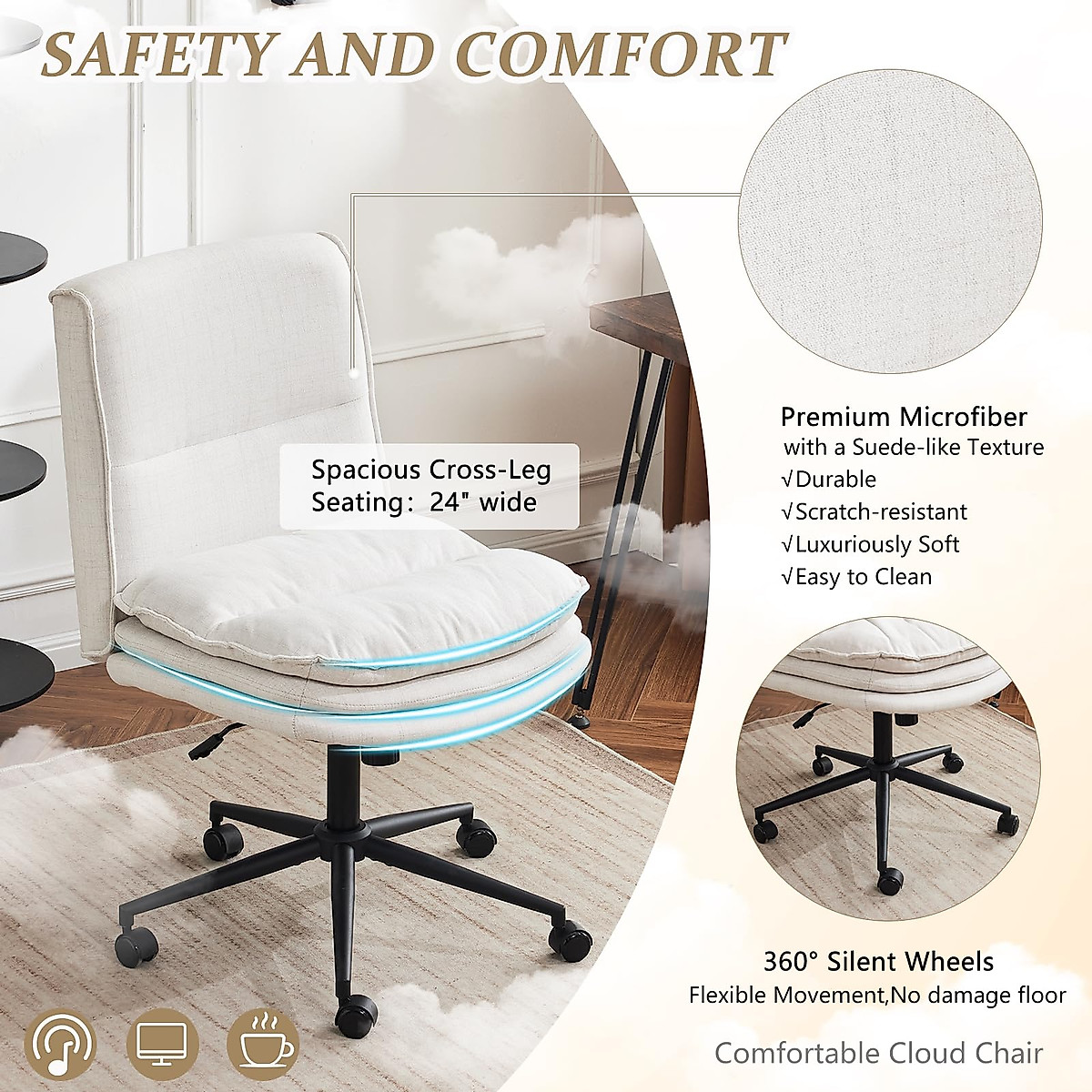 VINGLI Cloud Criss Cross Legged Chair,18" High Back Armless Home Office Desk Chair with Wheels,Wide Adjustable Comfy Padded Seat Task Computer Chair,Modern Swivel Makeup Vanity Chair,Fabric,Beige