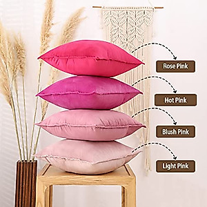 CARRIE HOME Pink Velvet Throw Pillow Covers 18x18 Set of 4 Hot Pink Light Blush Pink Room Decor Throw Pillows 18 x 18 Soft Decorative Pillows for Bedroom & Living Room (No Inserts)
