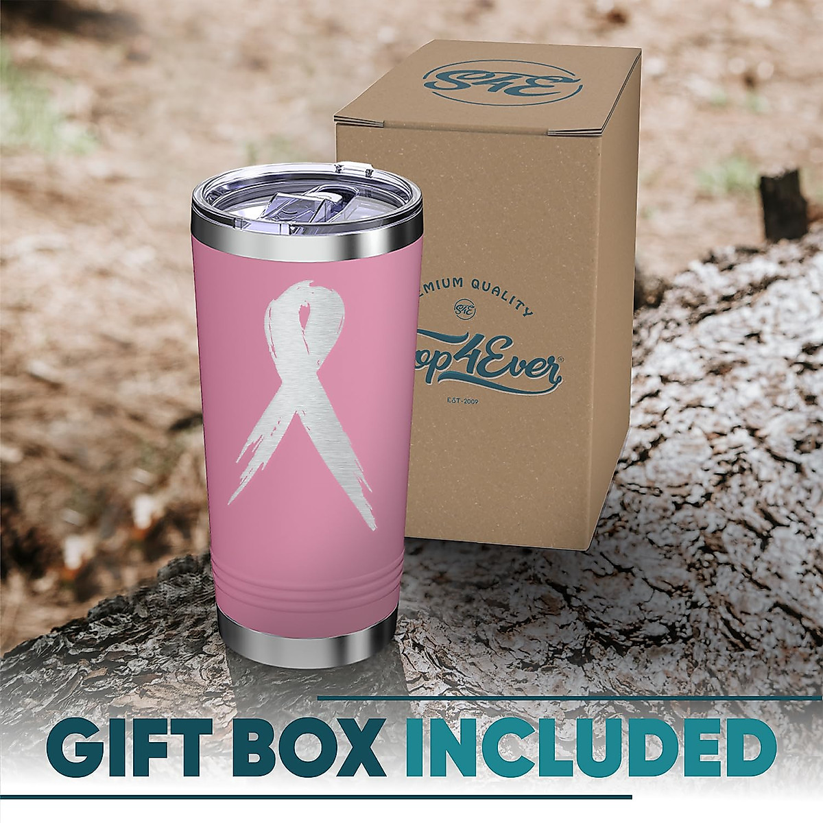 shop4ever Breast Cancer Awareness Pink Ribbon Insulated Tumblers 20 oz. with Lid, Stainless Steel Cups Travel Coffee Mug (Light Pink)