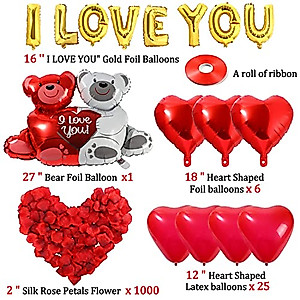 Golray 40 Pack I Love You Balloons and Heart Balloons Kit with 1000 Pcs Dark-Red Silk Rose Petals Wedding Flower Decoration Love-Bear Red Heart Balloons for Valentine Day Party Decorations