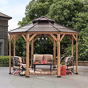 Sunjoy Ion Collection 13 x 13 ft. Cedar Framed Octagon Wood Gazebo with Brown Double Tiered Steel Hardtop Roof and Ceiling Hook for Garden, Backyard Shade