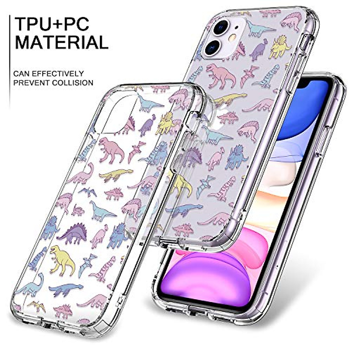 BICOL iPhone 11 Case Clear with Design for Girls Women,12ft Drop Tested,Military Grade Shockproof,Slip Resistant Slim Fit Protective Phone Case for Apple iPhone 11 6.1 inch 2019 Dinosaurs
