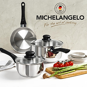 MICHELANGELO Stainless Steel Saucepan with Lid 6pcs, Triply Base Stainless Steel Pot Set, Saucepan Set with Bakelite Handle - 1QT & 2QT & 3QT