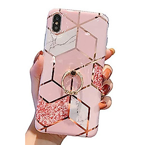 Qokey Compatible with iPhone Xs Max Case,Marble Case Cute Fashion for Men Women Girls with 360 Degree Rotating Ring Kickstand Soft TPU Shockproof Cover Designed for iPhone Xs Max 6.5 Inch Bling Pink