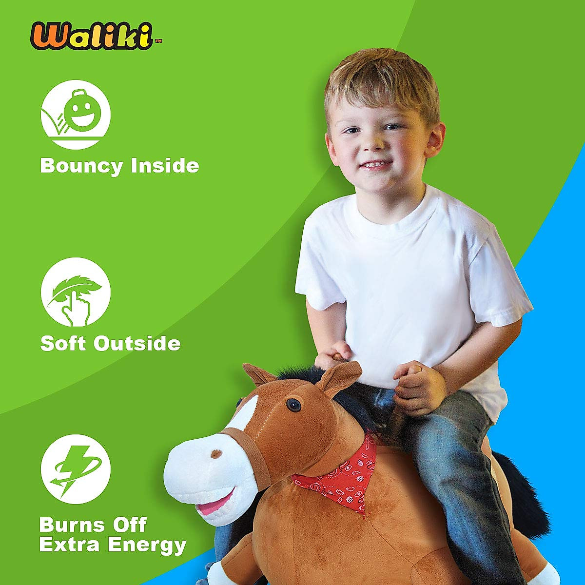 WALIKI Bouncy Horse Hopper | Inflatable Hopping Horse for Kids | Cowboy Rodeo Jumping Horse Toy for Ages 2, 3, and 4 | Soft Plush Cover | Fun Ride-On Bounce Horse