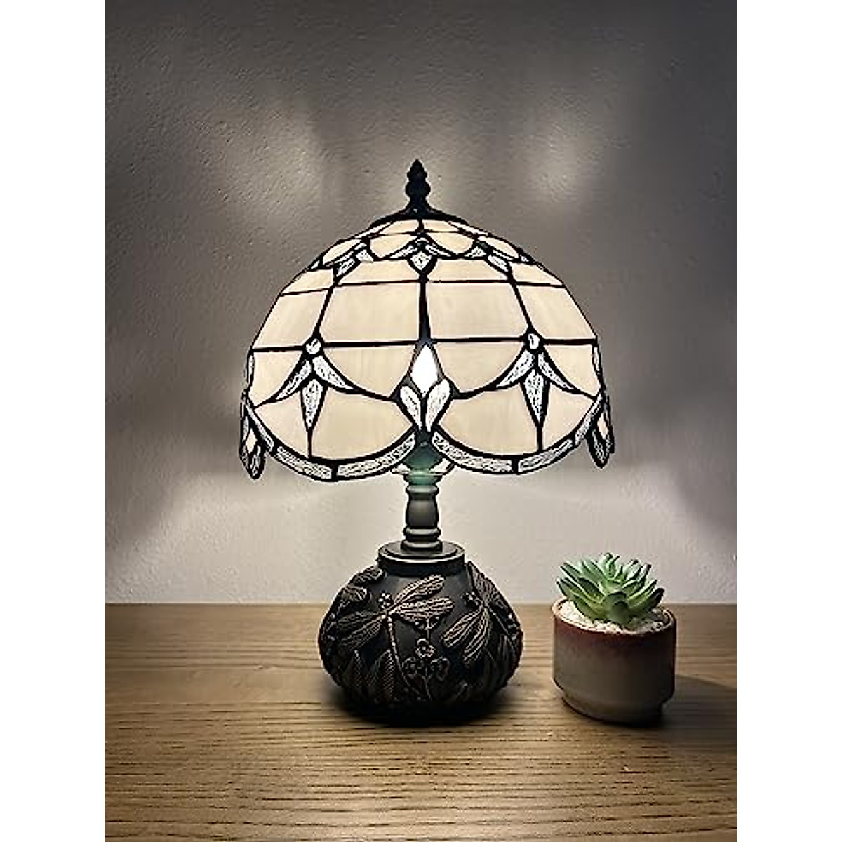 Enjoy Tiffany Style Table Lamp White Baroque Style Lavender Stained Glass Included LED Bulb Vintage for Living Room Dining Room Bedroom Bedside Office Hotel H14*W10 in