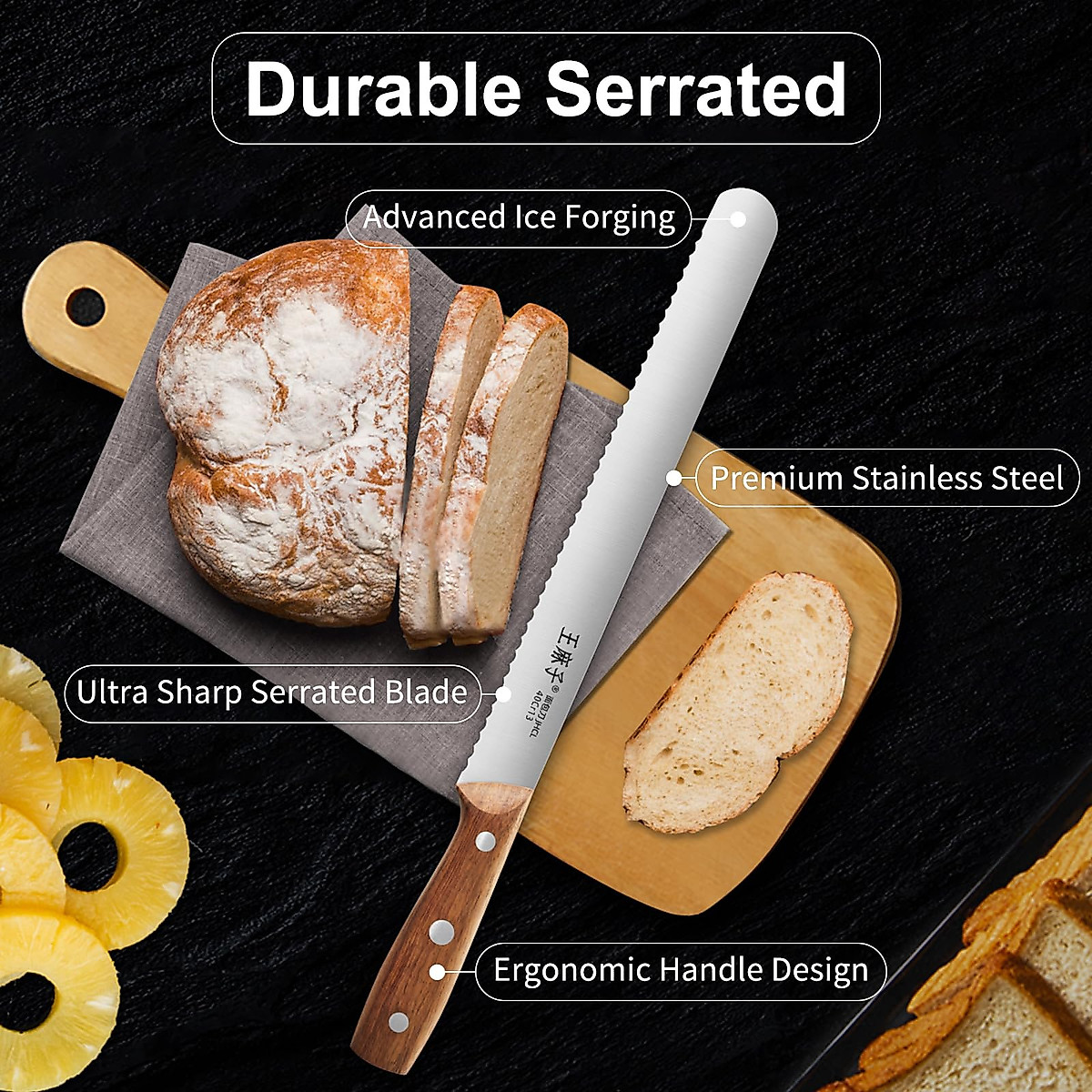 WANGMAZI Serrated Bread Knife Kitchen Chef Knife, German Stainless Steel Razor-sharp Blade Ergonomic Comfortable Wooden Handle, Over 300 Years of Brand(11inch, Silver)