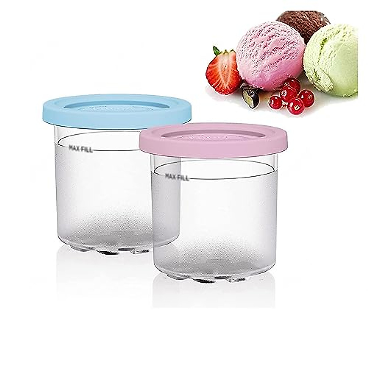 VRINO 2/4/6PCS Creami Pints and Lids, for Ninja Pints with Lids,16 OZ Pint Ice Cream Containers with Lids Safe and Leak Proof for NC301 NC300 NC299AM Series Ice Cream Maker,Pink+Blue-6PCS