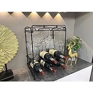 EMT ETRENDS Wine Rack Countertop, Wine Holder for 6 Bottles and 6-9 Glasses, Freestanding Wine Storage Shelves for Kitchen, Pantry, Cellar, Bar, Black.