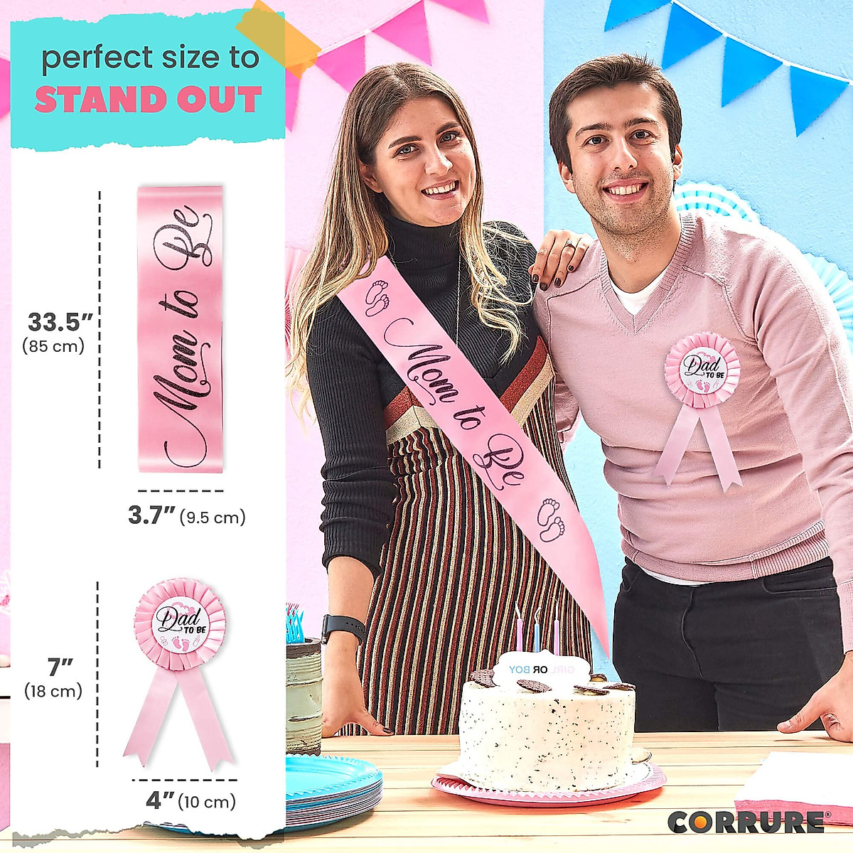 CORRURE Baby Shower Sash and Button Pin for Girl - 'Mom to Be' Sash and 'Dad to Be' Pin with Beautiful Pink Ribbon and Black Glitter Text - Ideal Mom and Dad Gift for Gender Reveal/Baby Shower