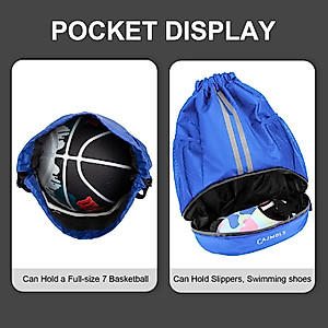 Cajmols Drawstring Backpack with Ball Compartment Water Resistant Sport Equipment Bag for Soccer Volleyball Baseball Softball Football Yoga Swimming (Q-Blue)
