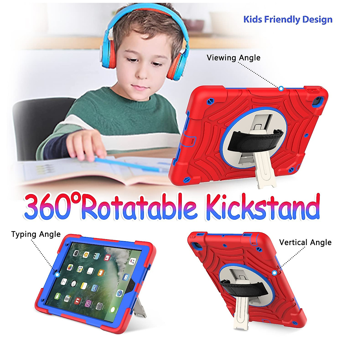 BMOUO Case for iPad 6th/5th Generation (9.7 inch, 2018/2017), with Screen Protector, 360 Rotating Stand & Hand & Shoulder Strap Kids Case for iPad 6th/5th Gen, Red