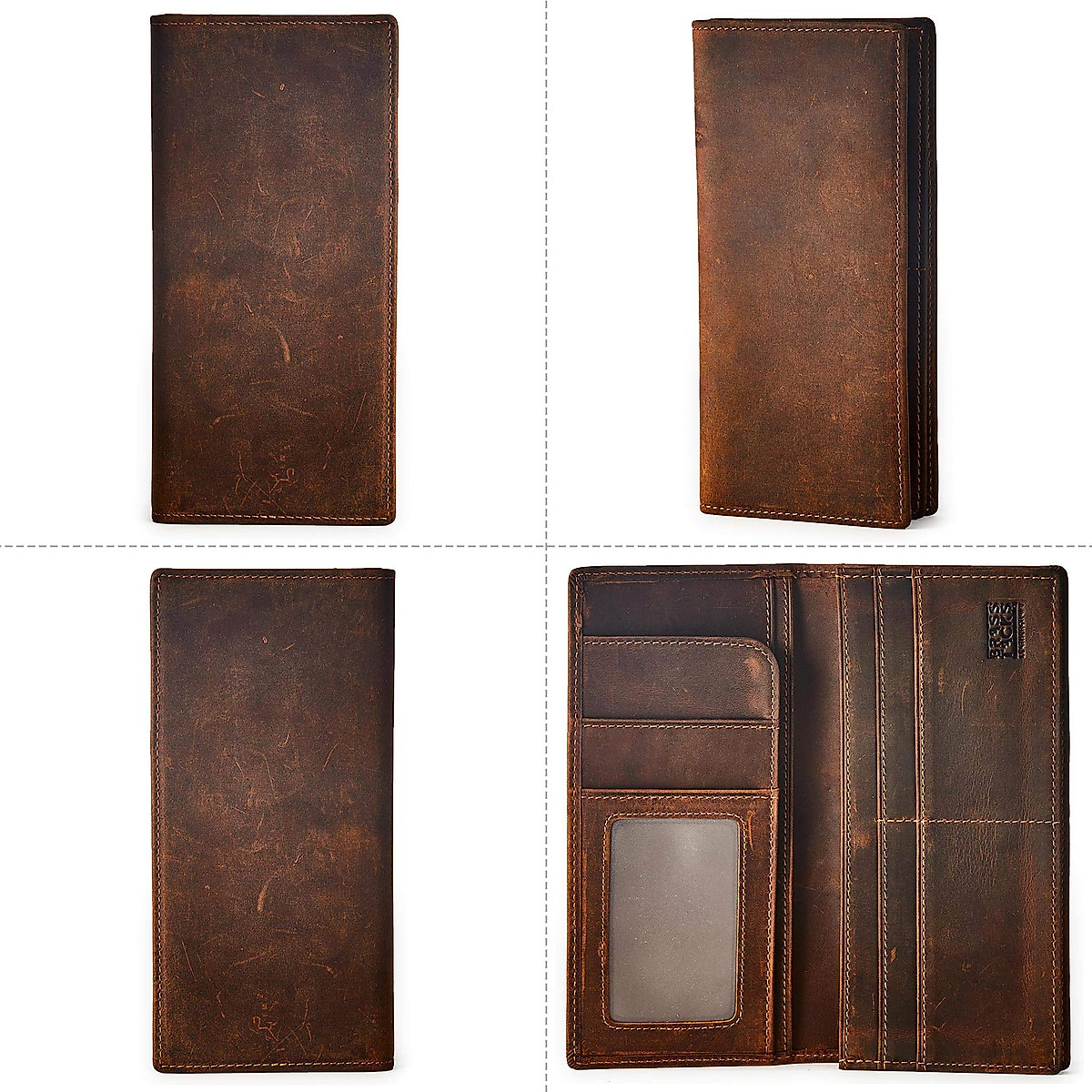 BRASS TACKS Leathercraft Vintage Top Grain Leather Long Wallet for Men Brown Cowhide Bifold Wallet Gift Box