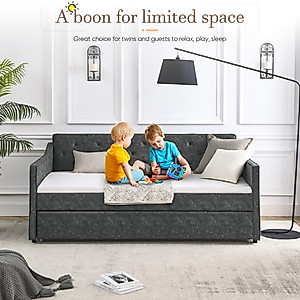 Antetek Daybed with Trundle, Fabric Upholstered Twin Size Day Bed Pull-Point Sofa Daybed Frame w/Twin Roll-Out Trundle, No Box Spring Needed, Furniture for Bedroom, Living Room, Guest Room, Grey