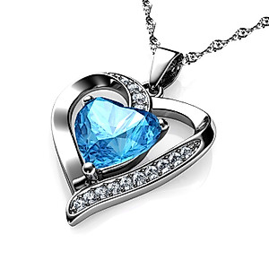 DEPHINI - Heart Necklace - 925 Sterling Silver - Aquamarine Birthstone Embellished with Branded Crystal Pendant - Fine Jewelry 18" Rhodium Plated Chain