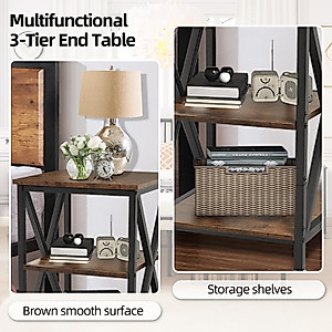 End Tables with Storage Shelf, 12" D x 16" W x 24" H, 3-Tier Side Table, End Tables Living Room Farmhouse, X-Shaped Night Stands for Bedrooms Bedside Tables