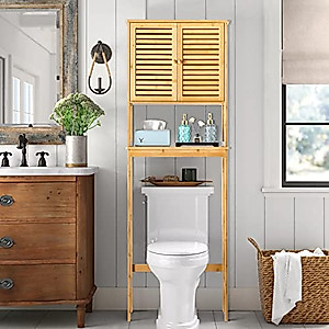 Over The Toilet Storage Cabinet, Bamboo Over Toilet Shelf Organizer with Adjustable Shelf, 2-Door with Cupboard, Bathroom Cabinet with Open Shelf Freestanding Tall Space Saver Toilet Rack, Burlywood