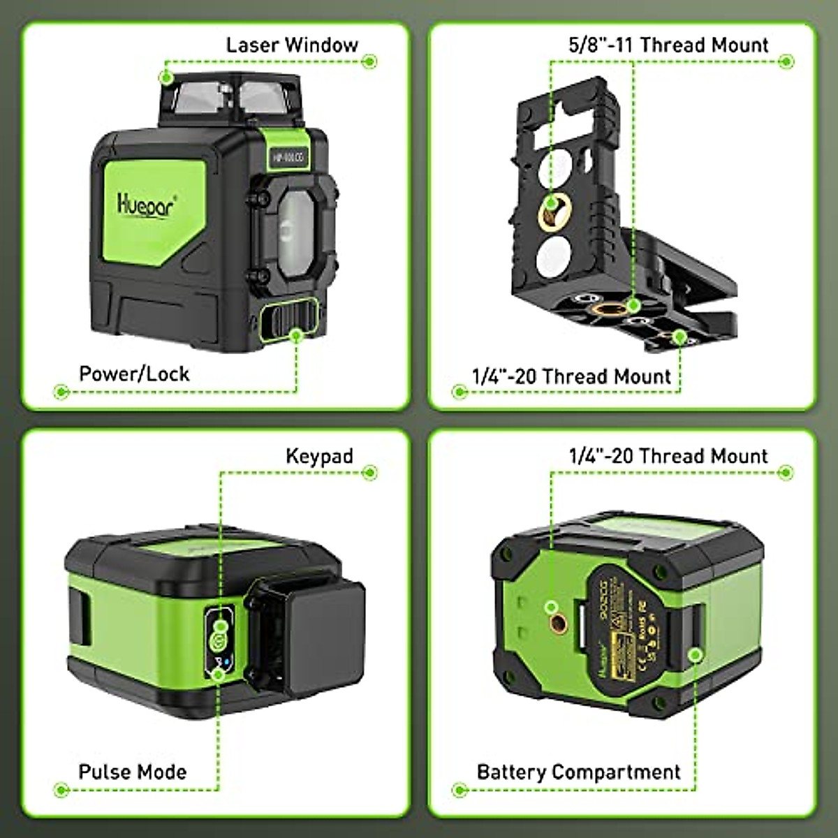 Huepar 901CG Self-Leveling Laser Level, 360 Green Beam Cross Line Laser Tool, Alignment 360-Degree Horizontal Line with Pluse Mode, Magnetic Pivoting Base Included