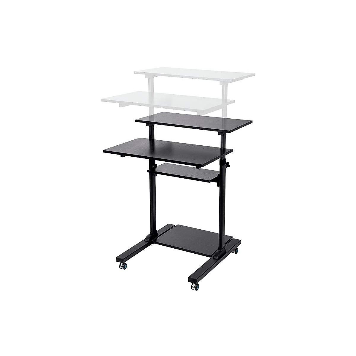Monoprice Height Adjustable PC Workstation Cart - for Seated or Standing Position, with 28 Inch Table Top,Two Additional Accessory Shelves, Ideal for Work and Home, Black, Keyboard+ Monitor