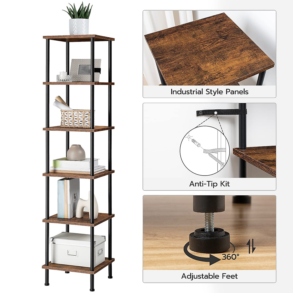 HOOBRO 6-Tier Corner Shelf, Corner Square Rack Display Shelf, Tall Storage Rack Plant Stand, Corner Bookcase for Small Spaces, Living Room, Home Office, Kitchen, Rustic Brown and Black BF55CJ01