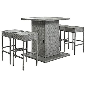 Merax Outdoor Wicker Bar Table Set, 5-Piece Patio Bar Set, PE Rattan Wicker Dining Table with 4 Stools, Storage Shelf for Backyard, Porch, Poolside (Gray 5-Piece)