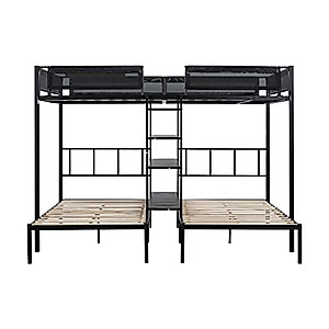 Goohome Full Over Twin and Twin Size Triple Bunk Bed with 4 Shelves, Heavy-Duty Steel Triple Bunk Beds Frame W/Safety Guardrail, Built-in Wood Slat and Ladder, for Kids, Teens, Adults