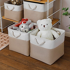MidmmVick 13 x 13 Inch Cube Storage Bins, 6 Pack Extra Large Collapsible Fabric Storage Bin with Ropes, Foldable Storage Cubes for Home (White & Beige-13"x13"x13")