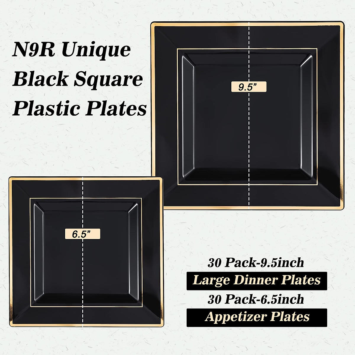 N9R 60 Pack Black Square Plastic Plates with Gold Rim Include 30 Disposable Dinner Plates 9.5 Inch and 30 Dessert Plates 6.5 Inch, Fancy Plates for Party, Wedding, Halloween and Daily Use
