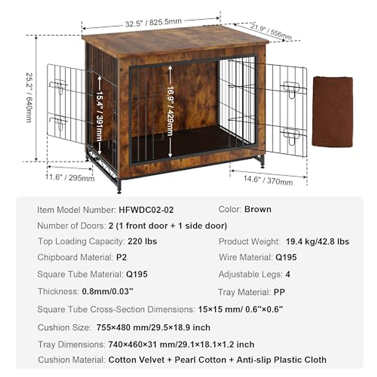 VEVOR Dog Crate Furniture, 32 inch Wooden Dog Crate with Double Doors, Heavy-Duty Dog Cage End Table with Multi-Purpose Removable Tray, Modern Dog Kennel Indoor for Dogs up to 45lb, Rustic Brown