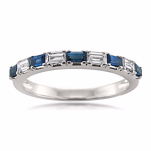 Beyond Brilliance 1/2 Carat Diamond, Pavé-Set 14K White Gold Baguette Diamond & Blue Sapphire Bridal Wedding Band Ring (I-J, VS2-SI1) Size-9