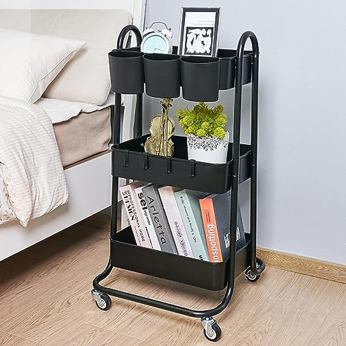 IAMFAN 3-Tier Metal Rolling Utility Cart,Storage Carts with Handle and Lockable Wheels,Art Cart Organizer,Craft Cart,Roller Cart for Office,Bedroom,Living Room,Kitchen,Bathroom,Black