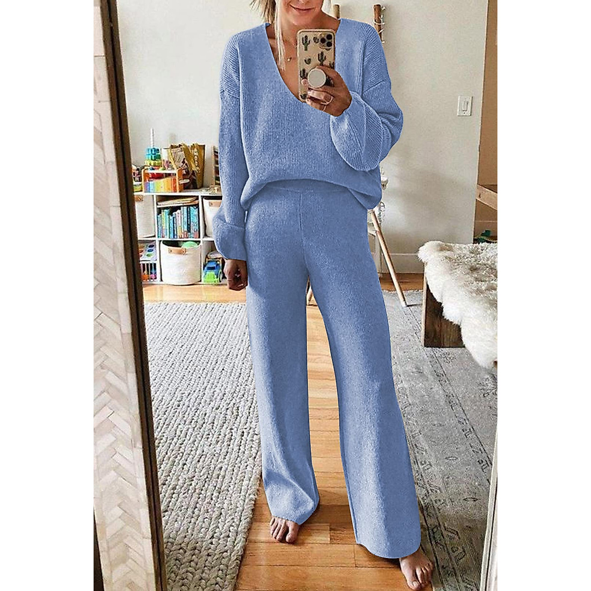 Viottiset Women's 2 Piece Outfits Sweater Set V Neck Knit Pullover Top Wide Leg Pants Sweatsuit Blue Small