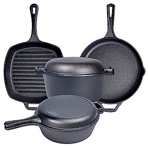 Bruntmor Pre Seasoned 6 pcs Pots And Pans Set - Double Dutch Oven Crockpot - Cooking Set - Cast Iron Skillets and Square Grill Pan with Lid - Outdoor Camping Cookware - Kitchen Accessories