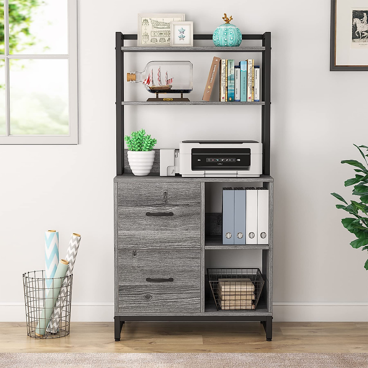 Tribesigns 2 Drawer File Cabinet for Letter Size, Vertical Filing Cabinet with Bookshelf, Large Industrial Printer Stand with Open Storage Shelves for Home Office, Grey