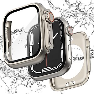 Fullife - Ultra Look - 2 in 1 Compatible with Waterproof Apple Watch Case 44mm Series 6 5 4 SE with Tempered Glass Screen Protector, iWatch 360 Protective Hard PC Bumper for Men Women, 44mm Titanium