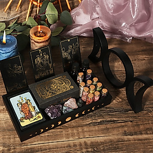 Crystal Tray for Stones, Triple Moon Crystal Holder Box, 3 Tarot Card Stand for Daily Affirmation Cards, Wicca Crystal Display, Detachable Rocks, Essential Oil Organizer, Witch Altar Gift
