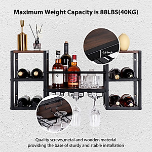 CRUDATE Hanging Wine Rack Wall Mounted, Floating Liquor Bottle Shelf with 3 Team Glass Holder Wine Shelf Bar Shelves Stemware Rack for Wall Wine Storage Display Rack for Home Bar Dining Room Kitchen