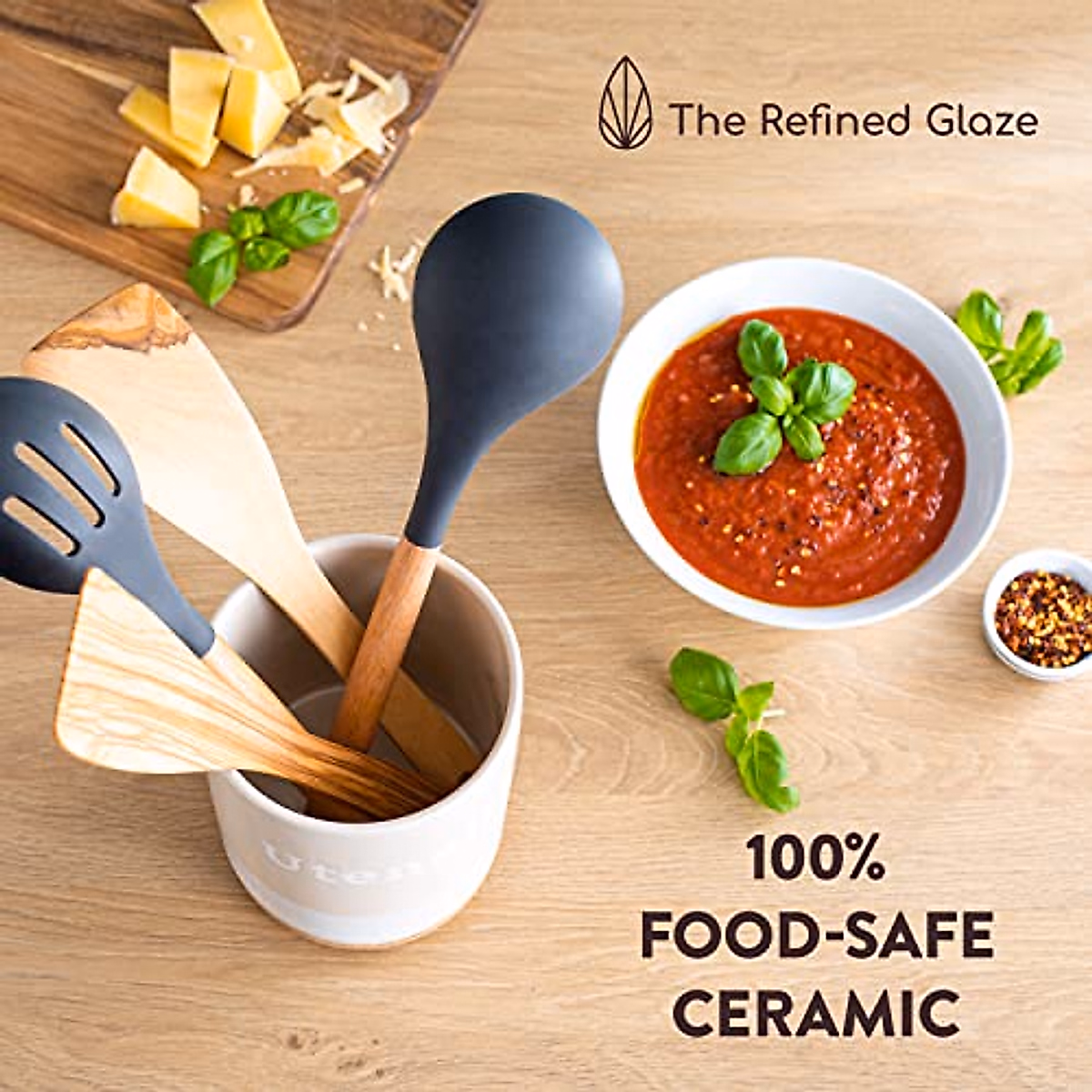 The Refined Glaze Farmhouse Utensil Holder for Countertop - Ceramic Farmhouse Utensil Holder (7in x 5in) - Large Elegant Kitchen Storage Organizer for Spatulas and Spoons (Beige and White)