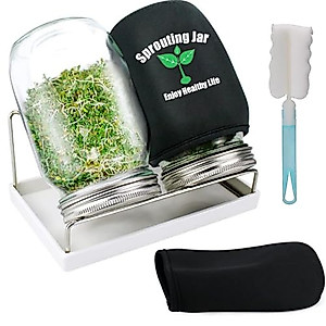 Mueuton Sprouting Jar Kit-2 Wide Mouth Quart Mason Jars（32oz with Stainless Steel Screen Sprout Lids, Tray, Stand and Canning Brush Seed Sprouter Set…