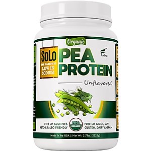 SOLO Organic Pea Protein Isolate, Low in Sodium, Canada Grown Peas, 100% Vegan, Non-GMO, Unflavored Plant Based Protein Powder with BCAA, Keto & Paleo Friendly, Easy to Digest, No Additives (2.7 lbs)