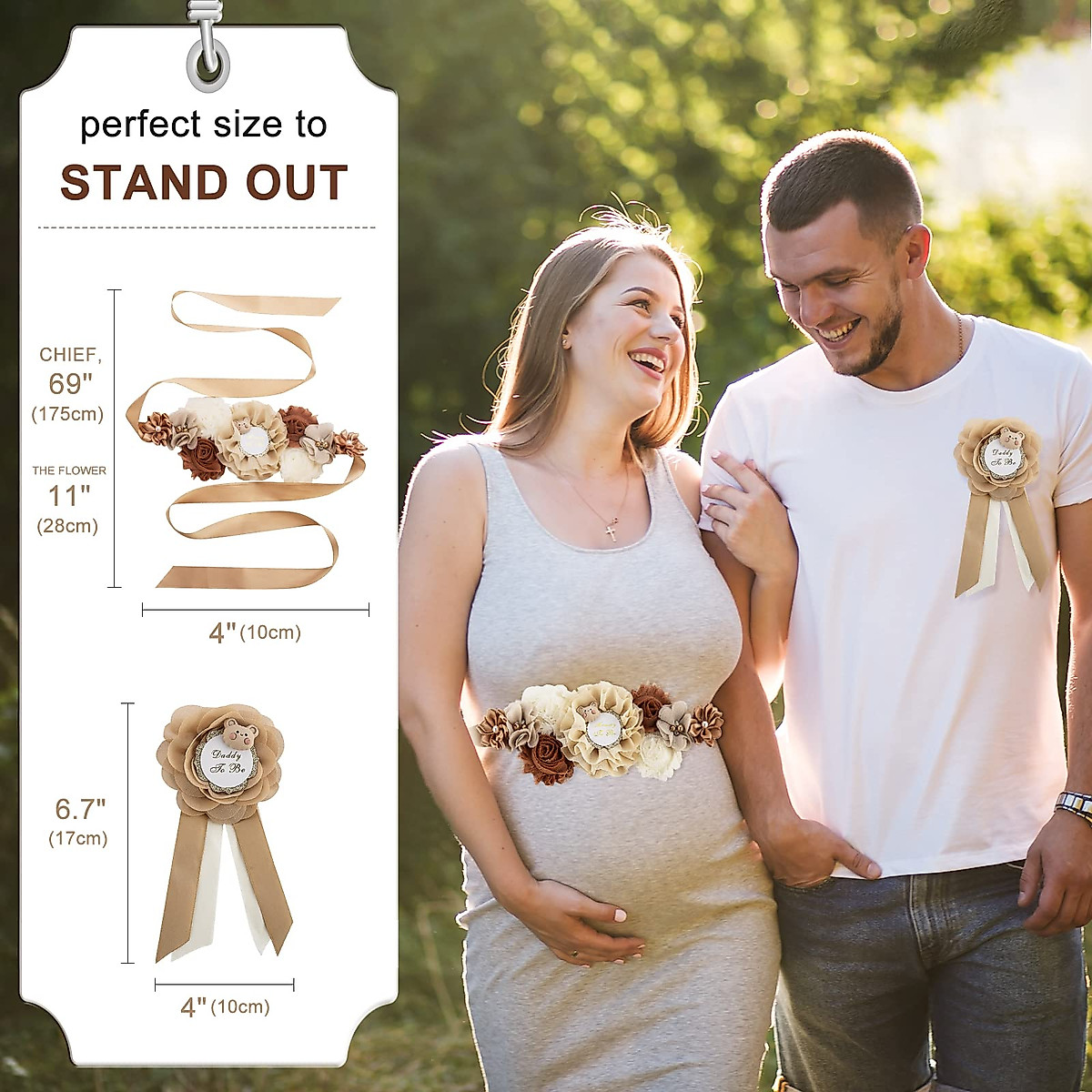 QuaComent Mommy to Be Sash, Maternity Sash Baby Shower Decorations 3PCS Teddy Baby Shower Decorations for Girl - Mom to be sash Shower for Boy, Baby Shower Decorations Favors Brown Photo Props Gift